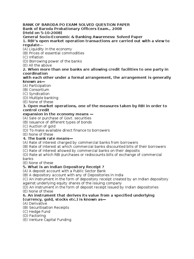 Bank of Baroda Po Exam Solved Question Paper | PDF | Banks | Reserve ...