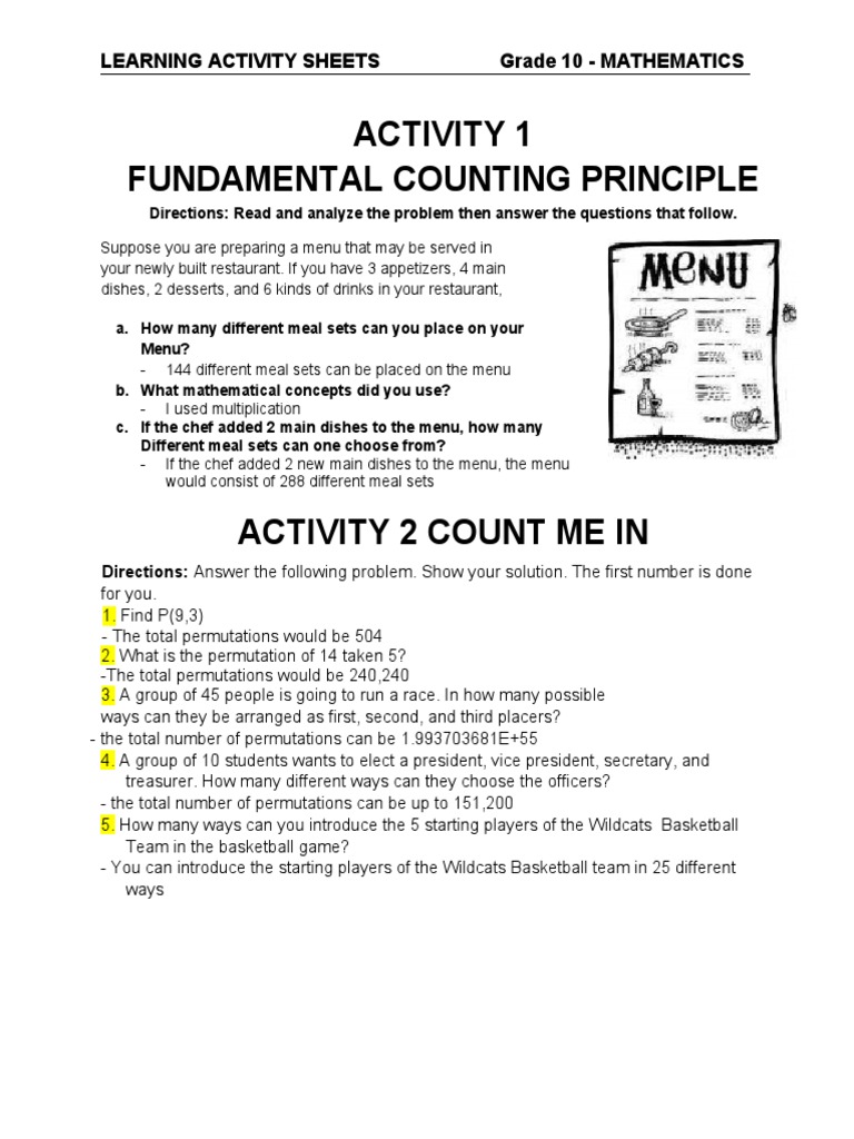 Activity 1 Fundamental Counting Principle: Learning Activity Sheets ...