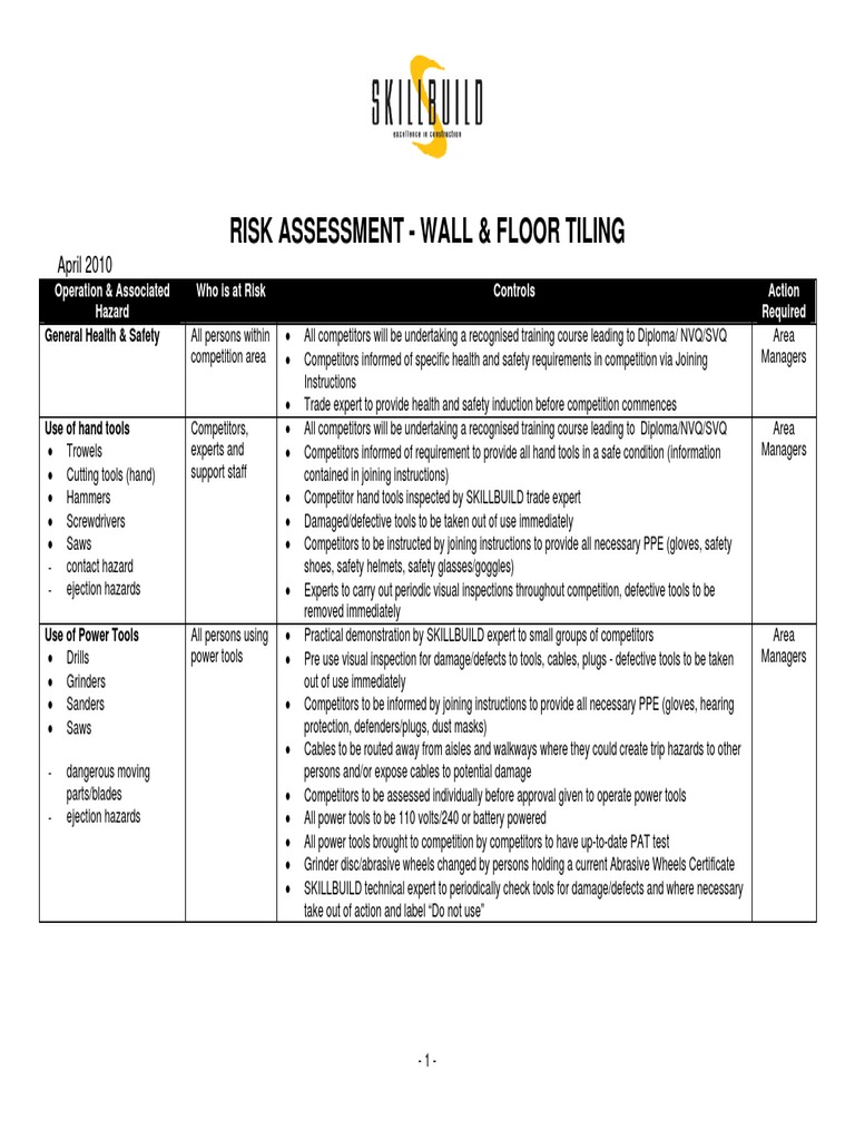 Risk Assessment - Wall & Floor Tiling: April 2010 | PDF | Personal ... Risk Assessment - Wall & Floor Tiling: April 2010 | PDF | Personal ...
