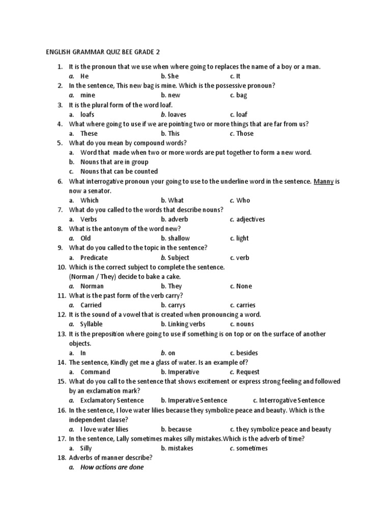 English Grammar Quiz Bee Grade 2 | PDF | English Grammar | Syntactic ...