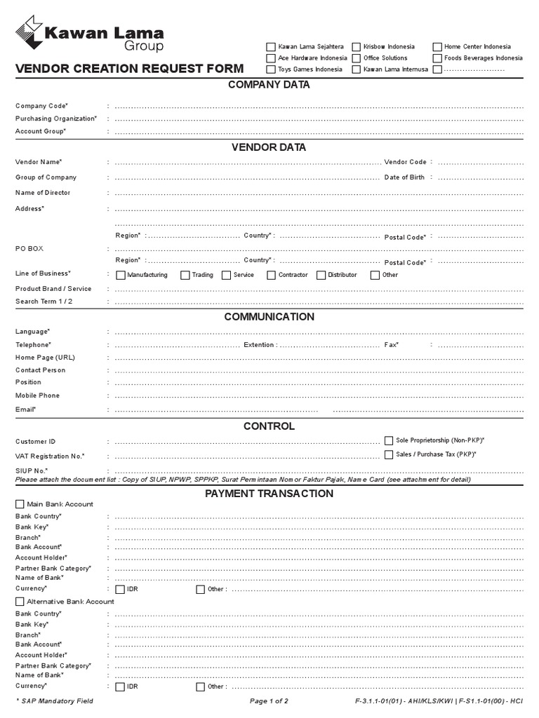 Vendor Creation Request Form Terbaru - 21 April 2017 | PDF | Payments | Invoice