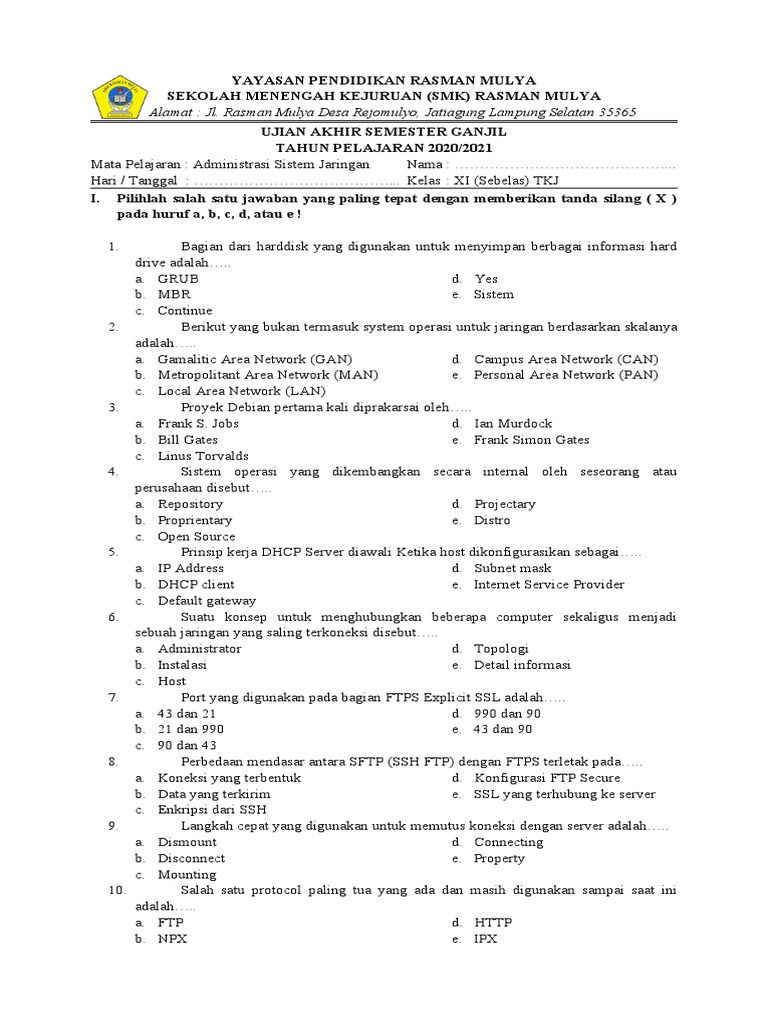 Soal UAS Ganjil XI TKJ ASJ | PDF