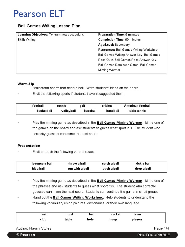 Ball Games Writing Lesson Plan | PDF | Question | Table Tennis