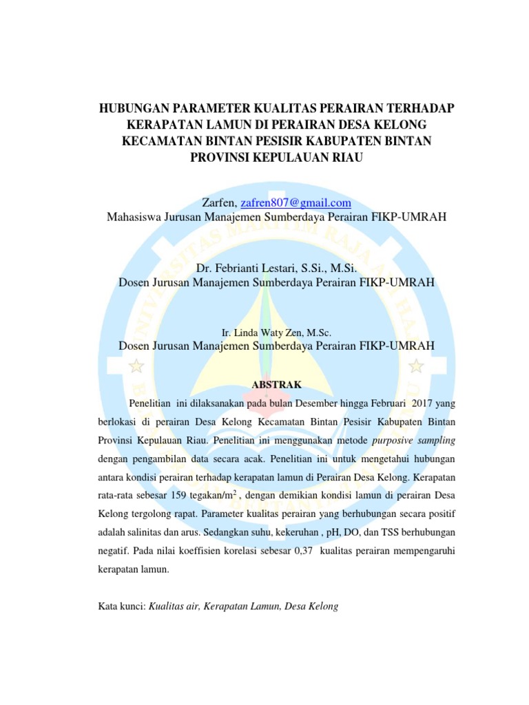 Kerapatan Lamun dan Kualitas Perairan | PDF