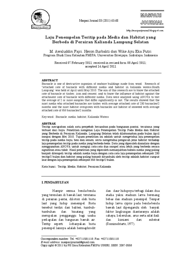 Laju Penempelan Teritip Pada Media Dan Habitat Yang | PDF