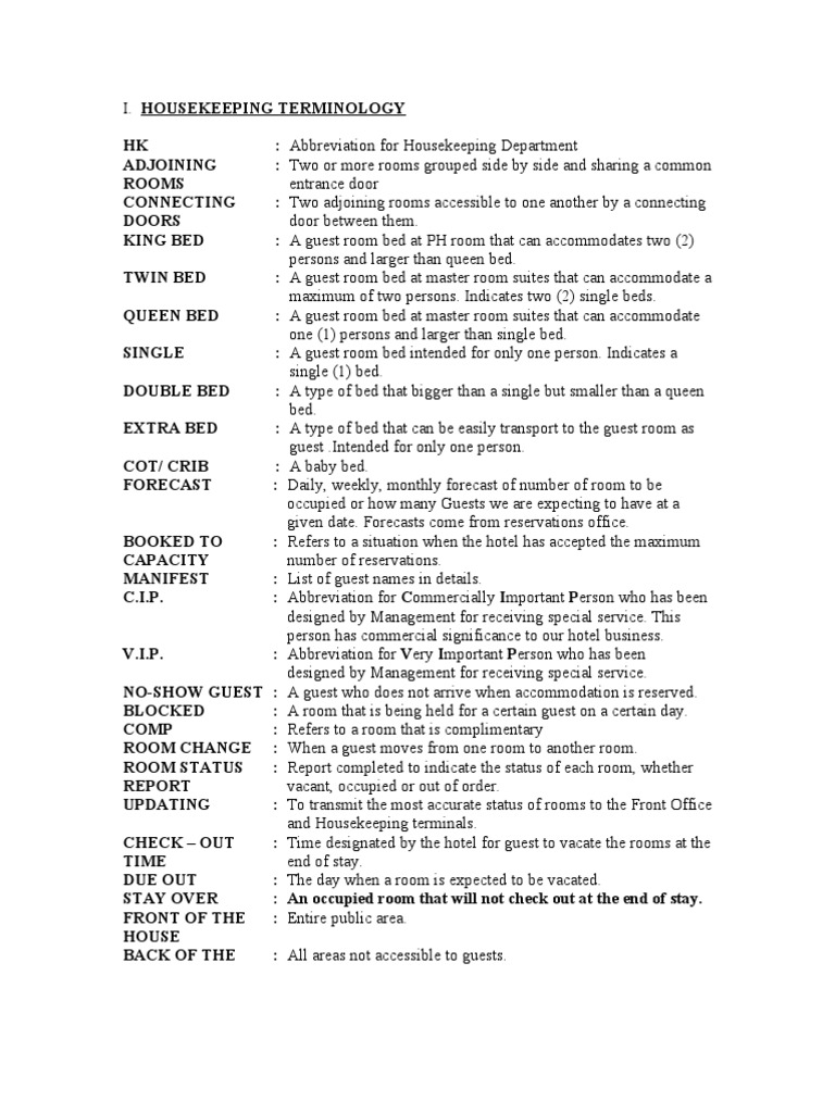 Housekeeping Terminology and Abbreviations | PDF | Hotel | Hotel And ...
