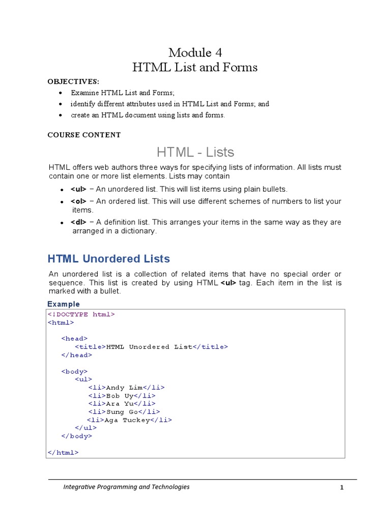 HTML List and Forms | PDF | Html Element | Html