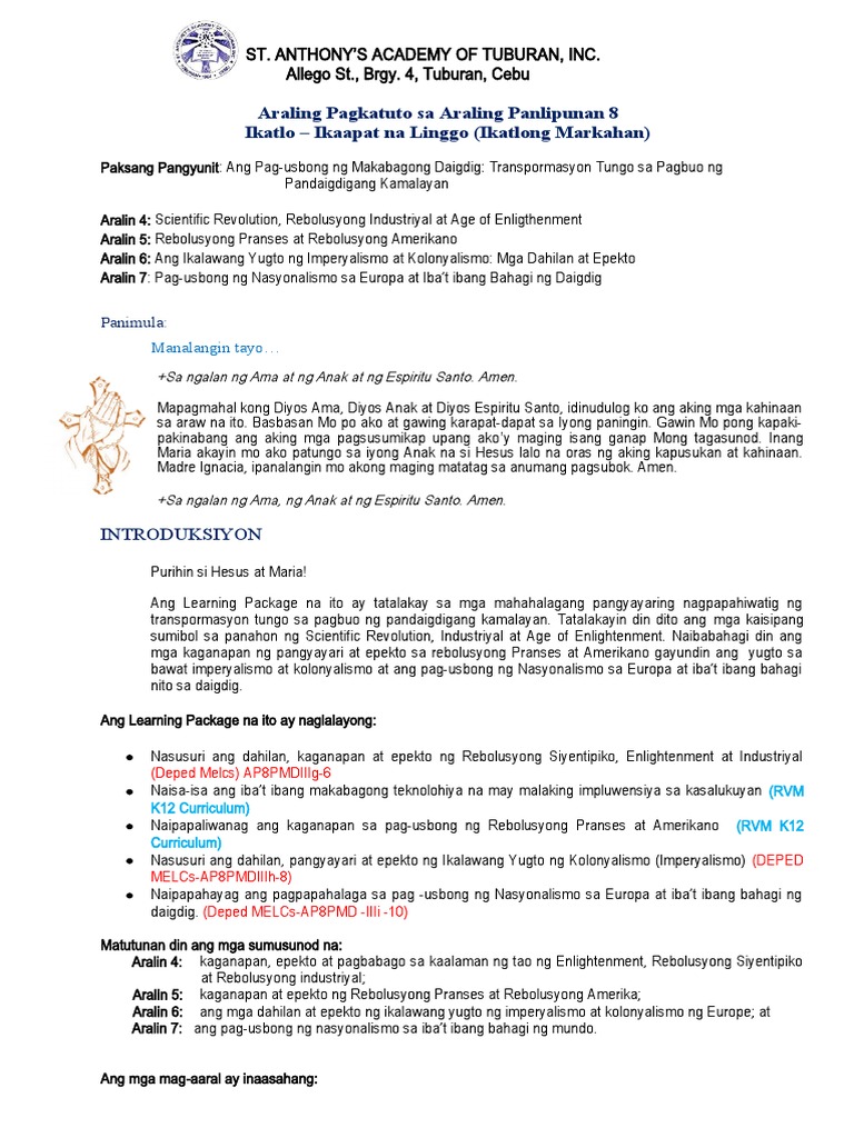 Araling Pagkatuto Sa Araling Panlipunan 8 Ikatlo - Ikaapat Na Linggo (Ikatlong Markahan) | PDF