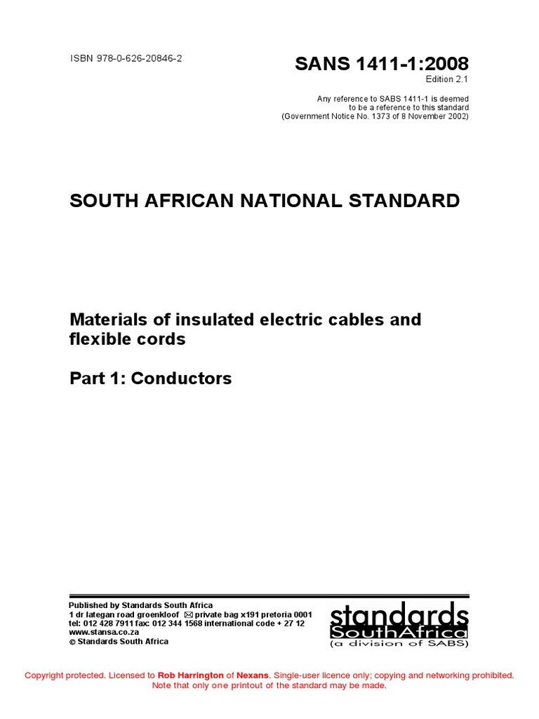 SANS 1411-1:2008: Materials of Insulated Electric Cables and Flexible ...