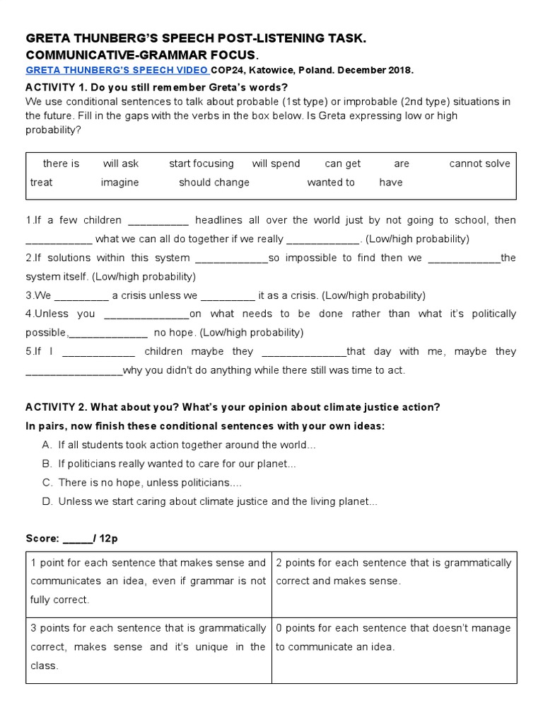 Thunbergs Speech Post Listening Communicative | PDF | Sentence ...