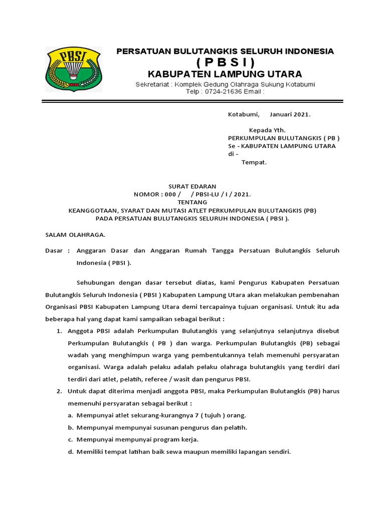 Surat Edaran Pbsi Tentang Pendaftaran | PDF