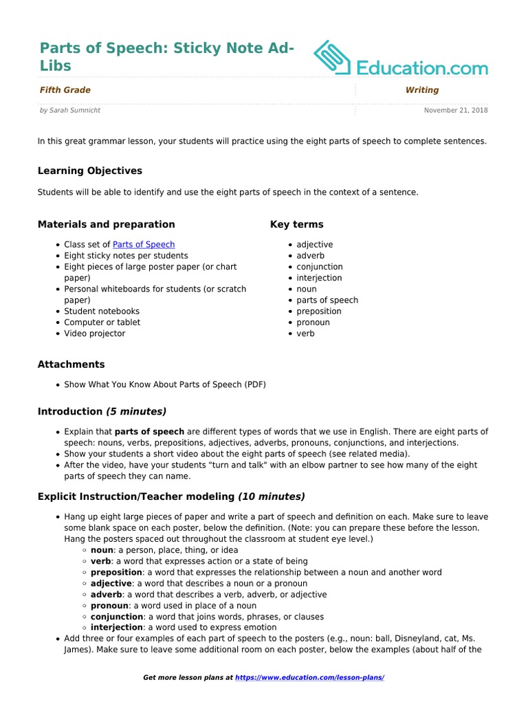 Parts of Speech Sticky Note Ad Libs | PDF | Part Of Speech | Adverb