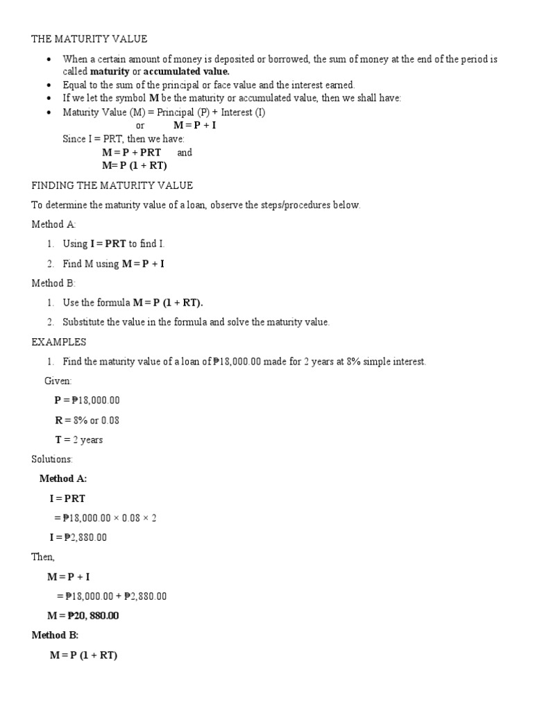 THE MATURITY VALUE Handouts | PDF