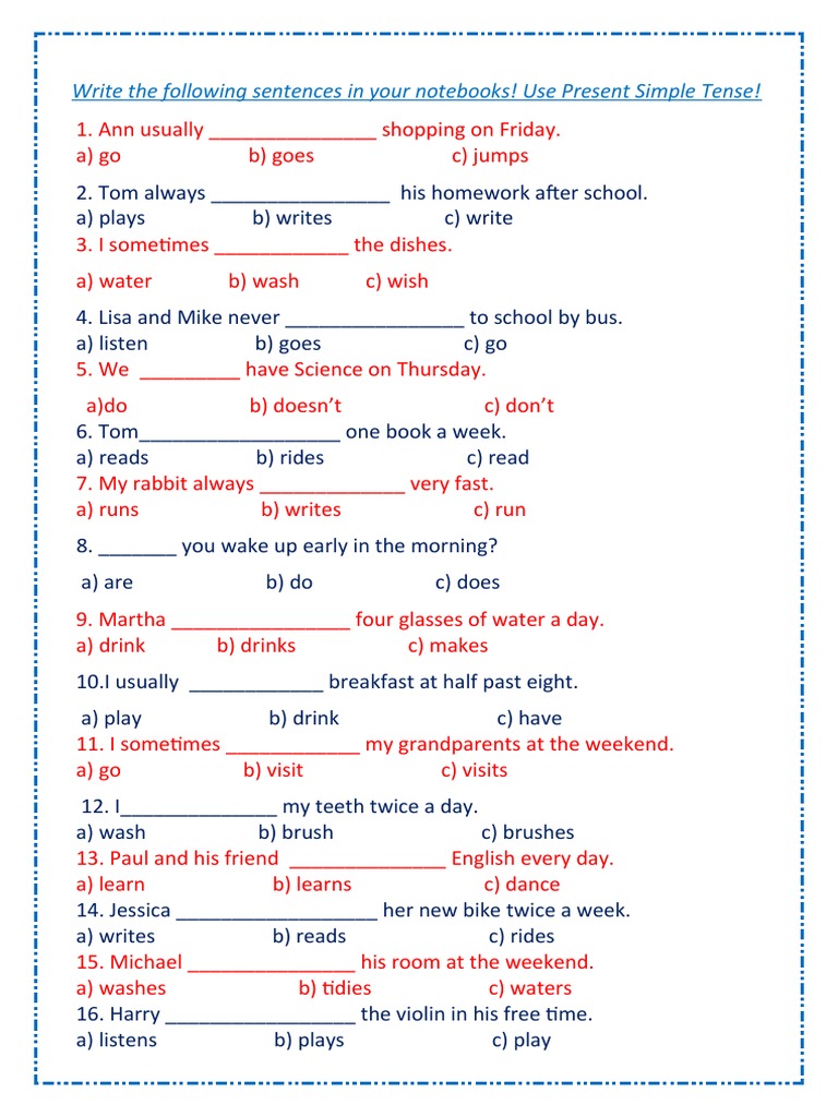 Write The Following Sentences in Your Notebooks! Use Present Simple ...