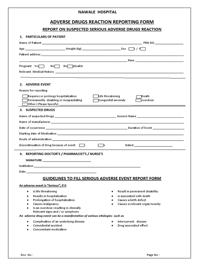 Adverse Drugs Reaction Reporting Form | PDF | Adverse Effect | Therapy