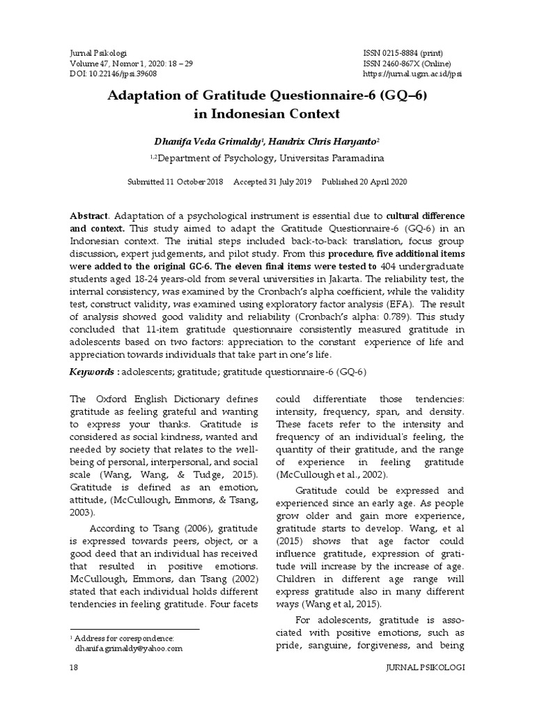 Adaptation of Gratitude Questionnaire-6 (GQ-6 in Indonesian Context ...