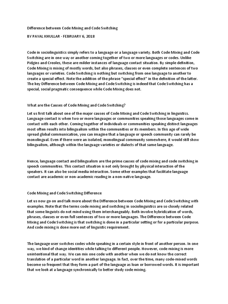 Difference Between Code Mixing and Code Switching | PDF | Cultural ...