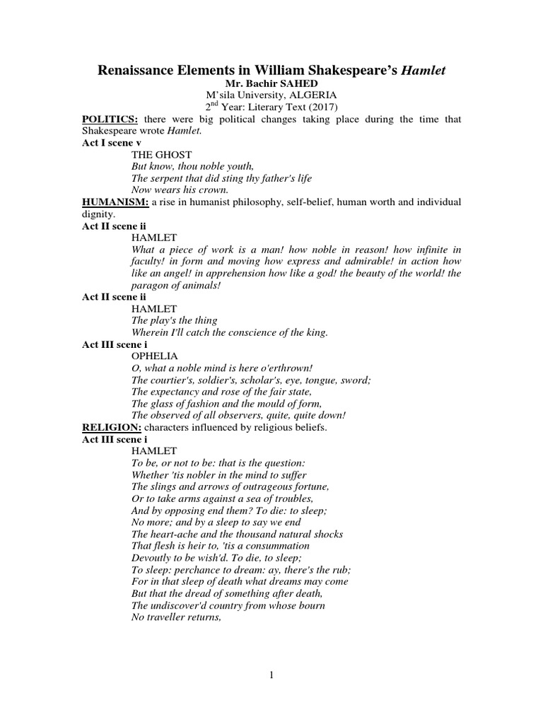 LECTURE Renaissance Elements in William Shakespeare's Hamlet | PDF