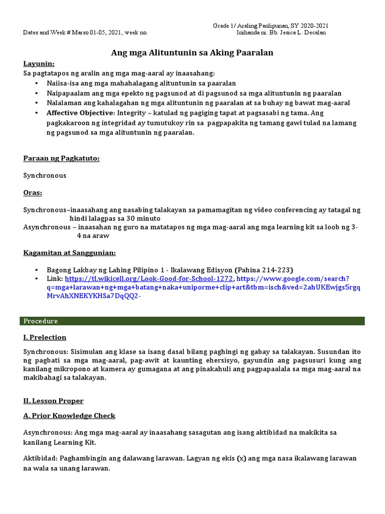 Ang Mga Alituntunin Sa Aking Paaralan | PDF