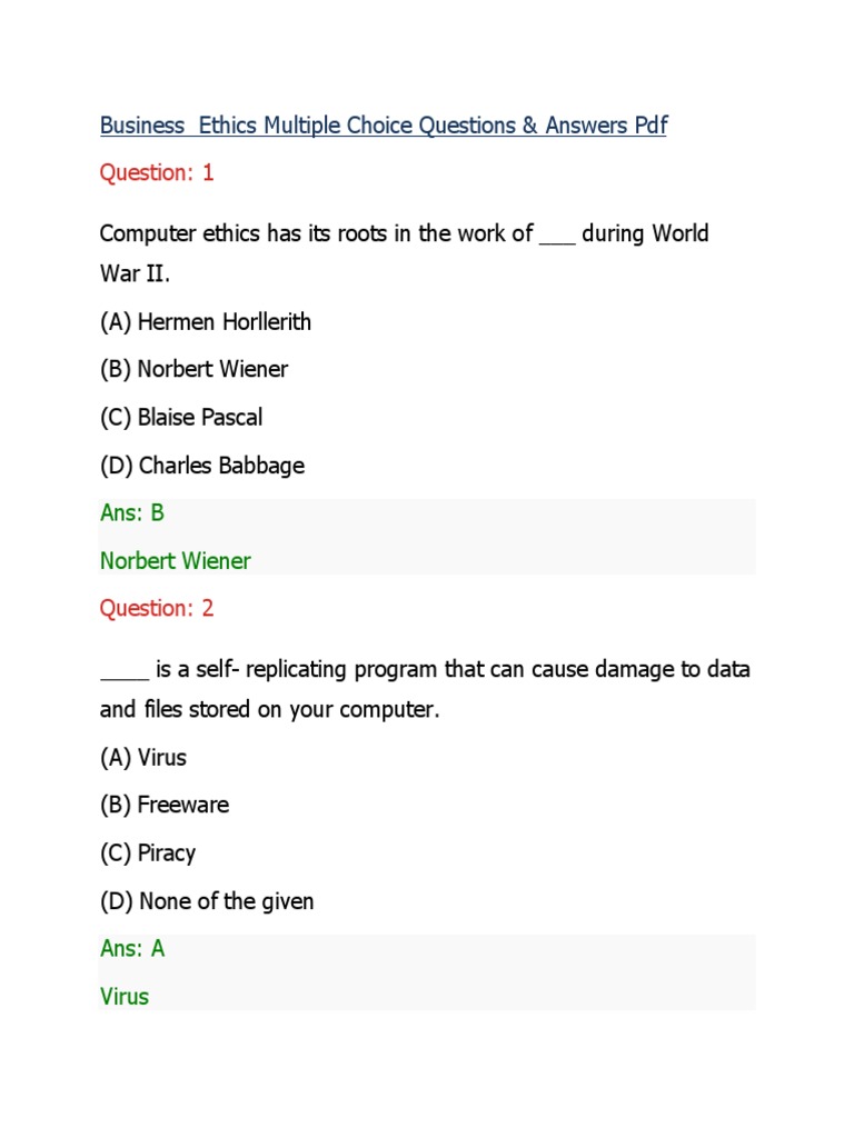 Business Ethics Multiple Choice Questions & Answers PDF: Ans: B Norbert ...
