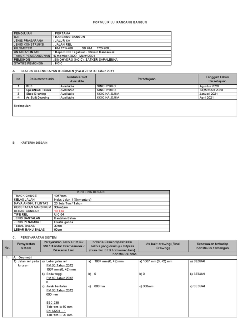 Uji Rancang Bangun Jalur KA KCIC | PDF