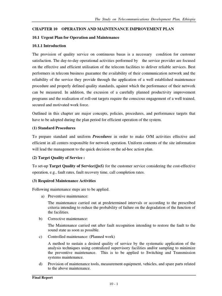 Chapter 10 Operation and Maintenance Improvement Plan 10.1 Urgent Plan ...