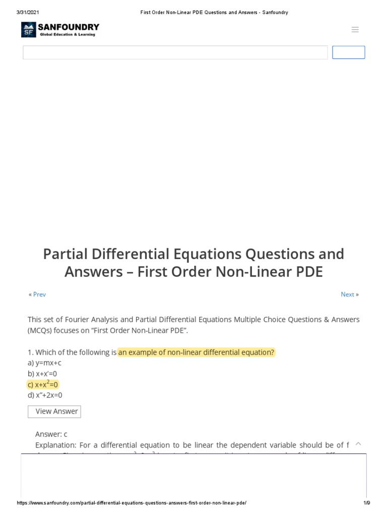 First Order Non Linear Pde Questions And Answers Sanfoundry Pdf