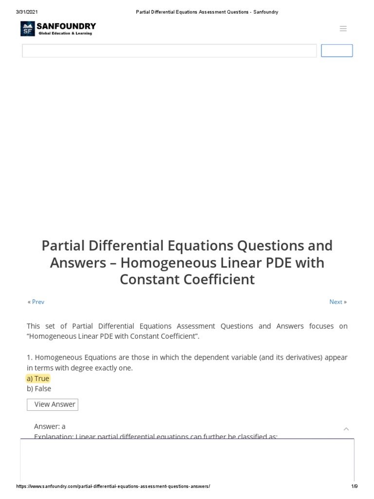 Partial Differential Equations Assessment Questions - Sanfoundry | PDF ...