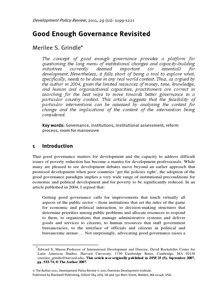 Good Enough Governance Revisited: Merilee S. Grindle | PDF | Good ...