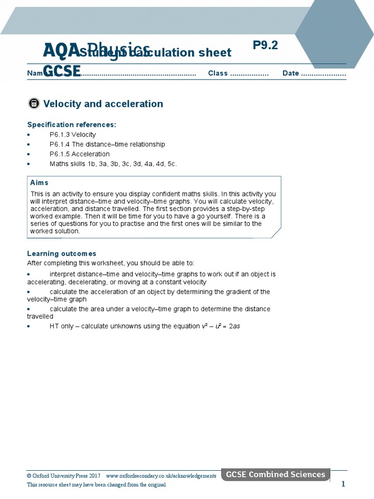 P9.2 Student Calculation Sheet: Velocity and Acceleration | PDF | Velocity | Acceleration