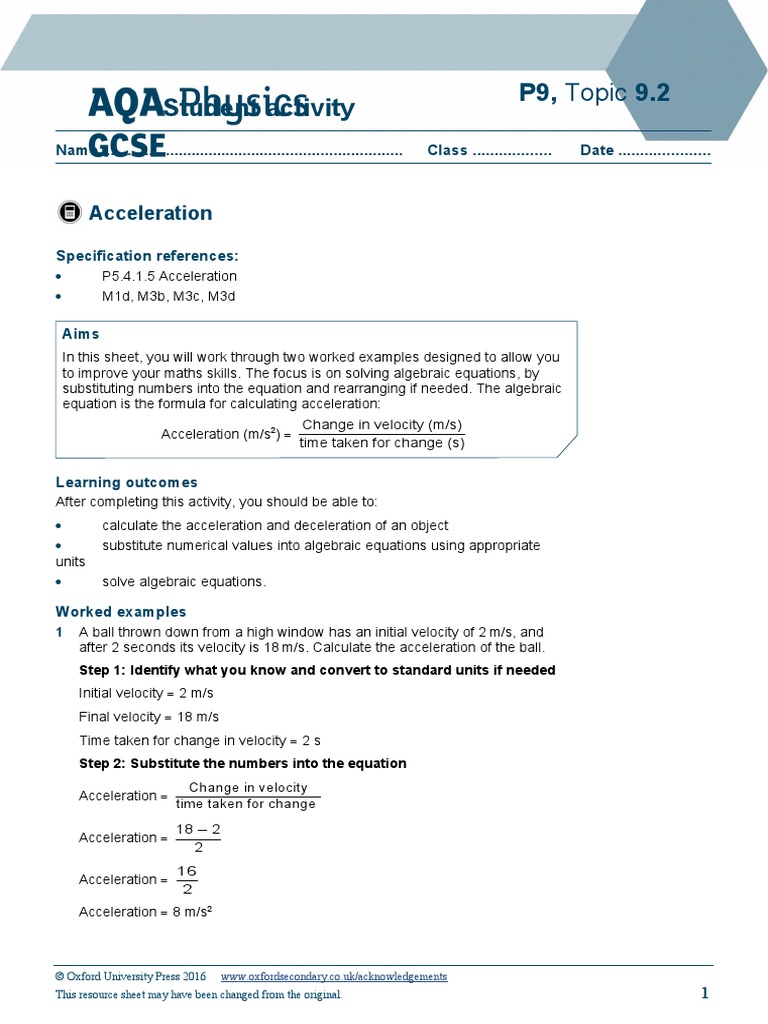 P9.2 Acceleration Worksheet STUDENT | PDF | Acceleration | Worksheet