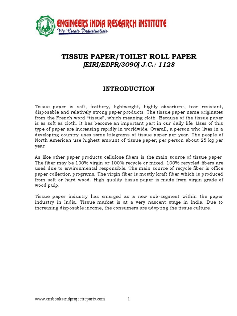 Project Report On Tissue Paper/toilet Roll Paper | PDF | Paper | Tissue ...