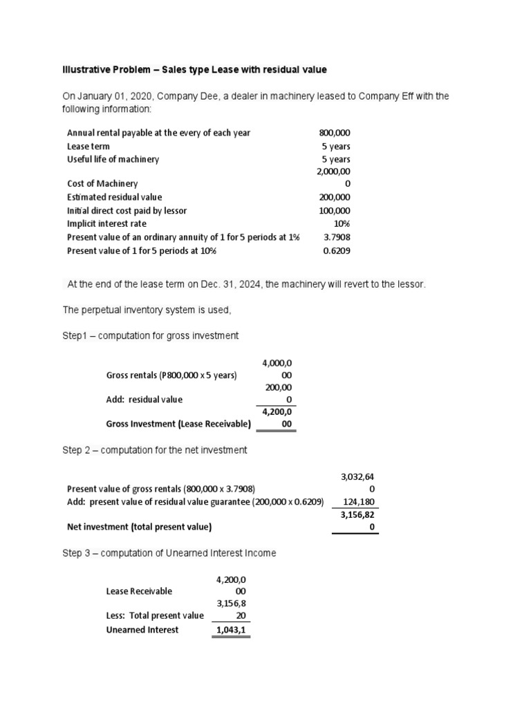 Illustrative Problem - Sales Type Lease With Residual Value | Download Free PDF | Present Value ...