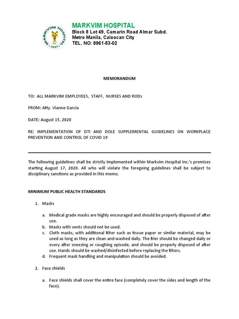 Memorandum 8 15 2020 | PDF | Hand Washing | Health Sciences