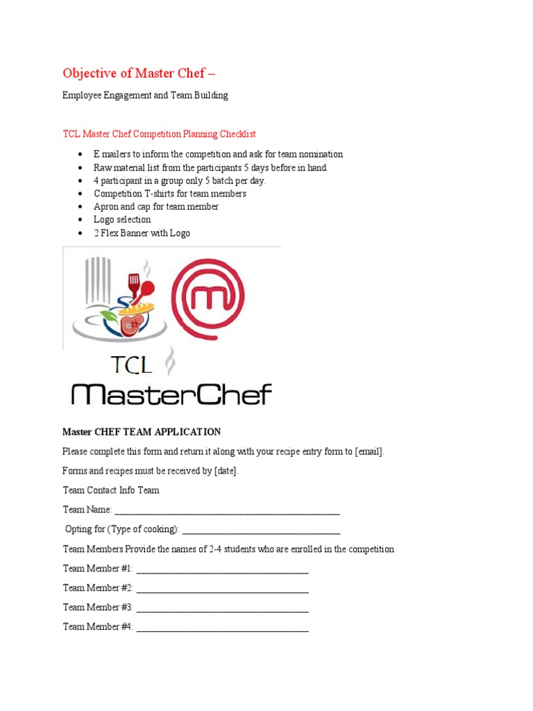 Master Chef Competition Planning Checklist | PDF | Tableware | Cooking