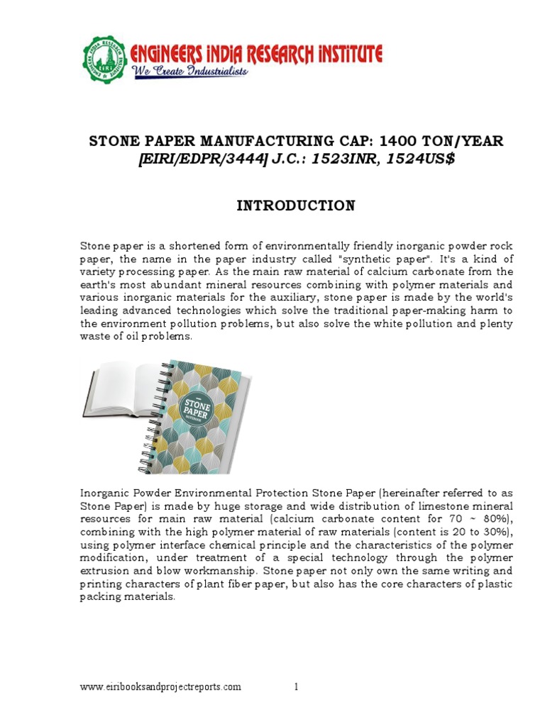 Project Report On Stone Paper Manufacturing Cap: 1400 Ton/year | PDF ...