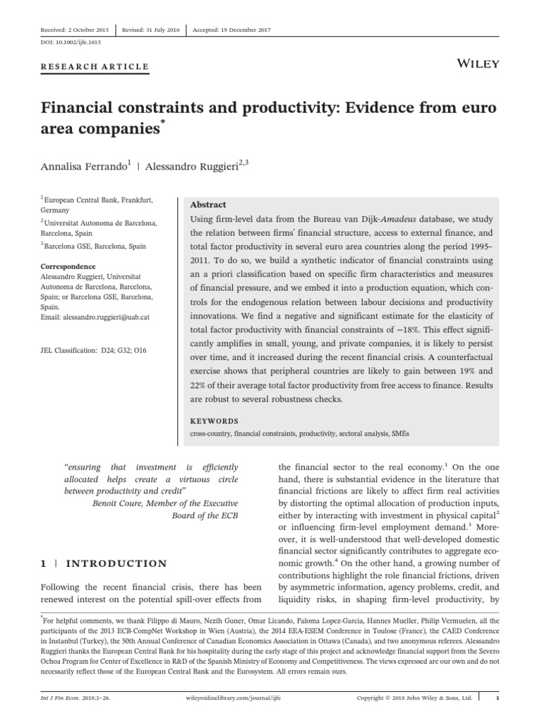 Financial Constraints and Productivity: Evidence From Euro Area ...