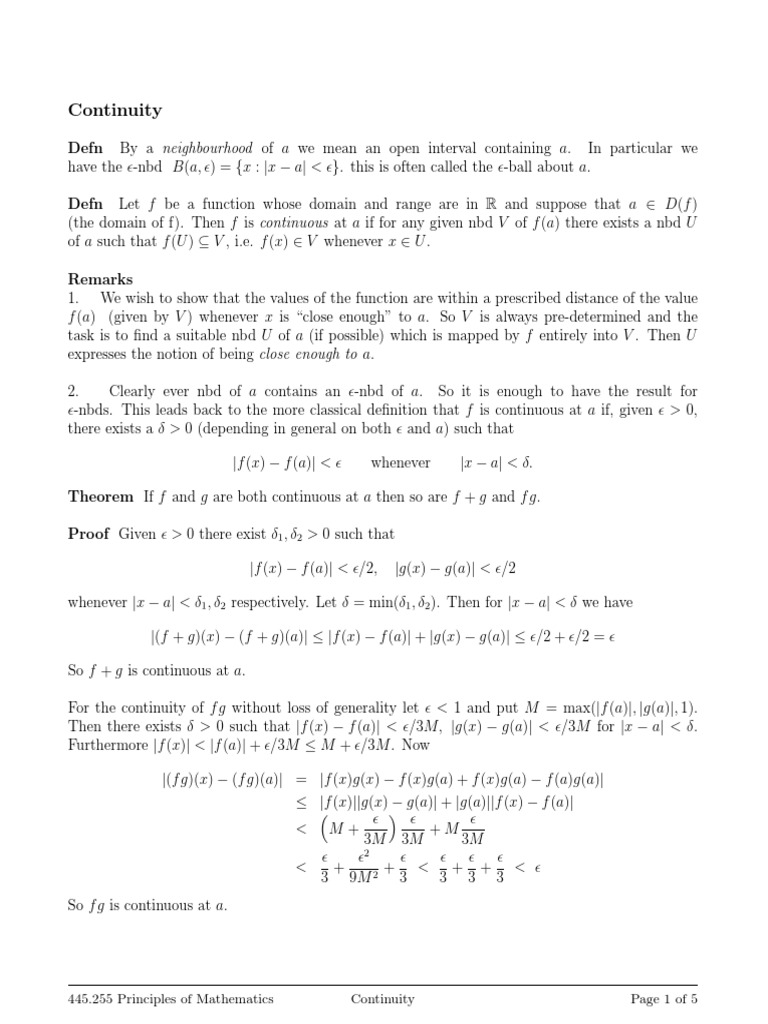 Continuity: 445.255 Principles of Mathematics Continuity Page 1 of 5 | PDF | Continuous Function ...