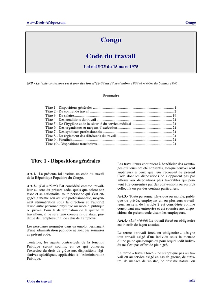 Congo - Code Du Travail | PDF