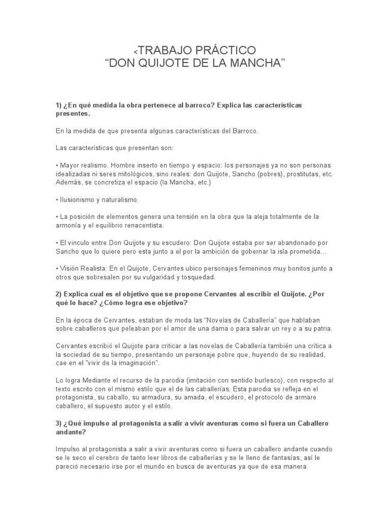 Don Quijote de La Mancha - Cuestionario | PDF | Don Quijote | Miguel De ...