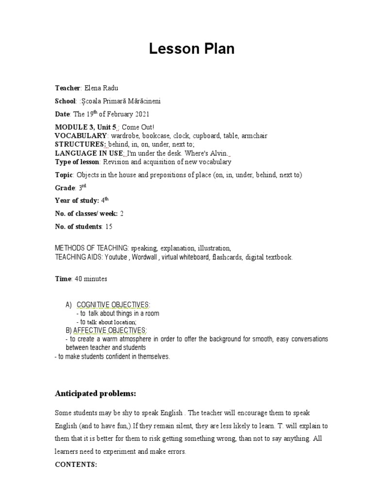 Lesson Plan: Anticipated Problems | PDF | Question | Vocabulary