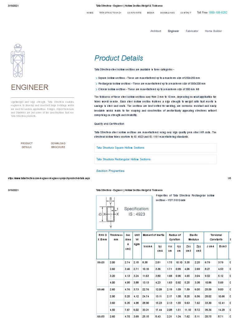 Tata Structura - Engineer - Hollow Section Weight & Thickness | PDF ...