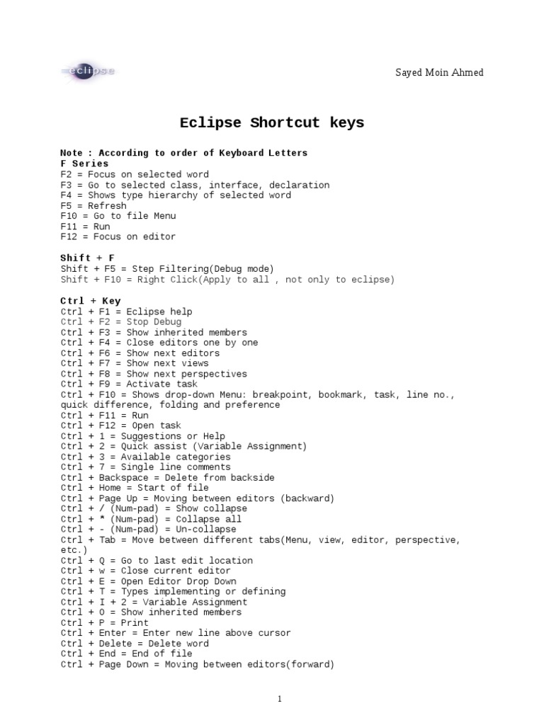 Eclipse Shortcut Keys Pdf Control Key Keyboard Shortcut