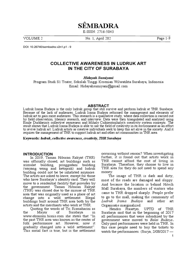 2020 SEMBADRA - Collective Awareness in Ludruk Art in The City of Surabaya | PDF | Awareness ...