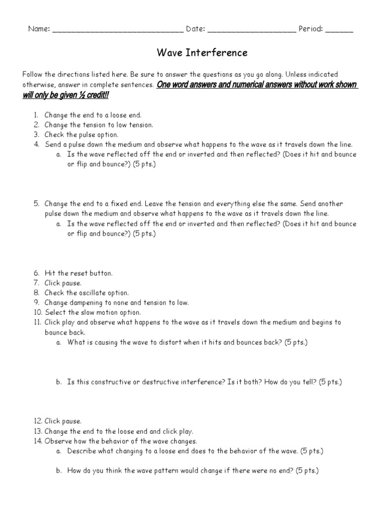Wave Interference: One Word Answers and Numerical Answers Without Work ...