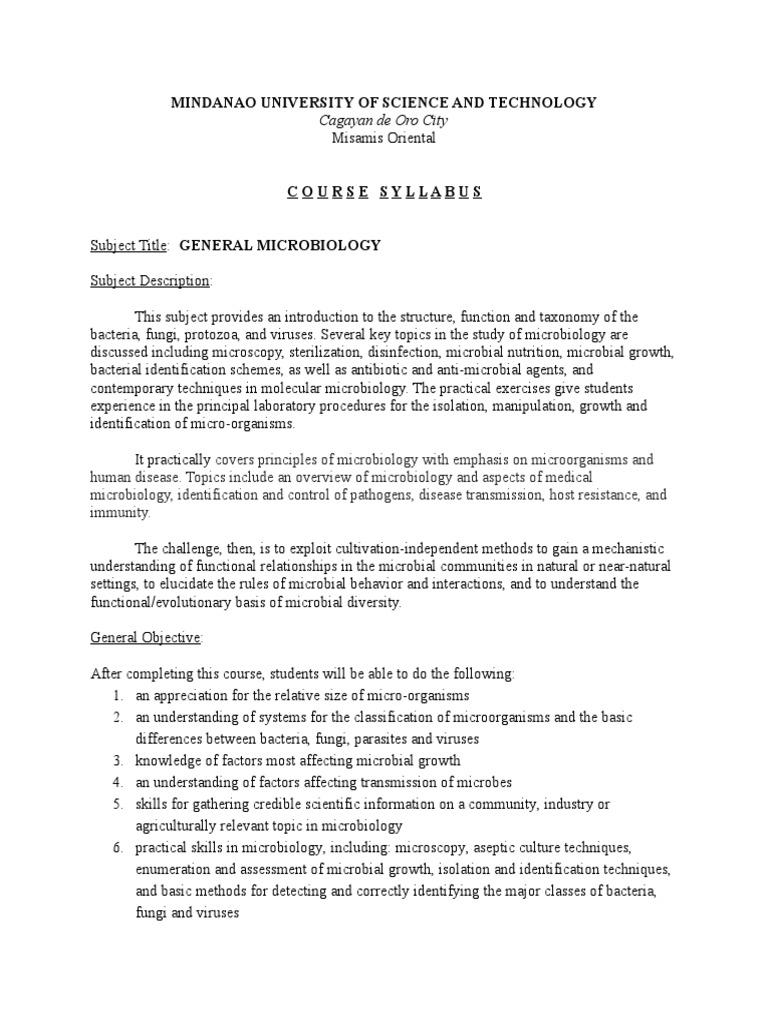 Course Syllabus - General Microbiology | PDF | Microorganism | Microbiology