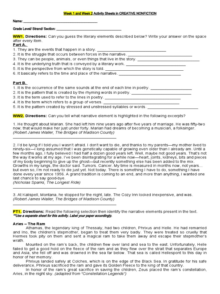 CNF Activity Sheets Week 1 and Week 2 | PDF | Poetry | Narration