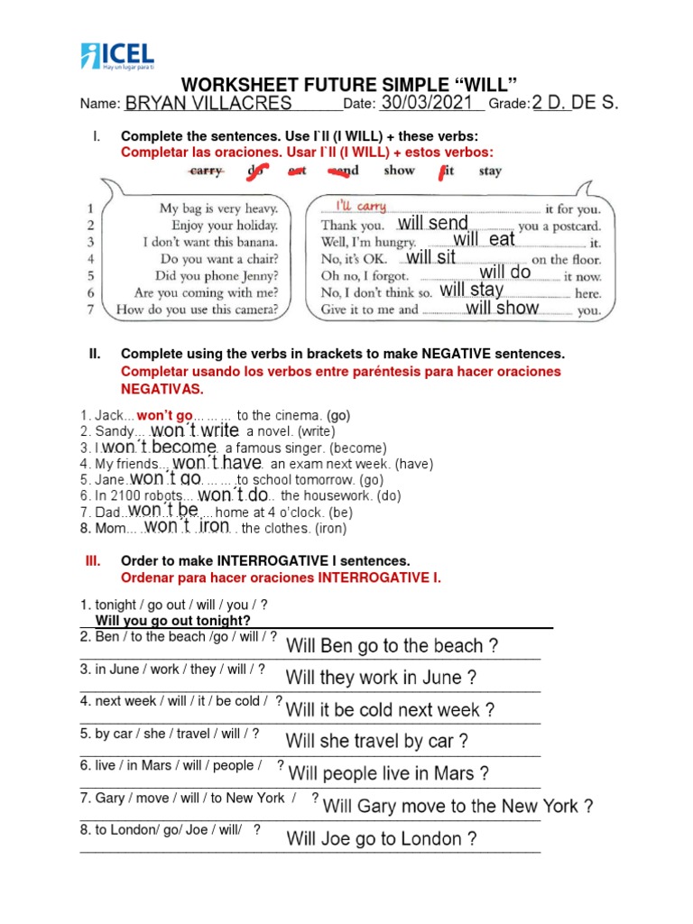 Worksheet Future Simple "WILL": Completar Las Oraciones. Usar I'll (I ...