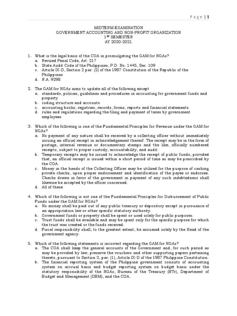 Midterm Exam Government Accounting and Npo Dfcamclp Ay 2020 2021 For ...