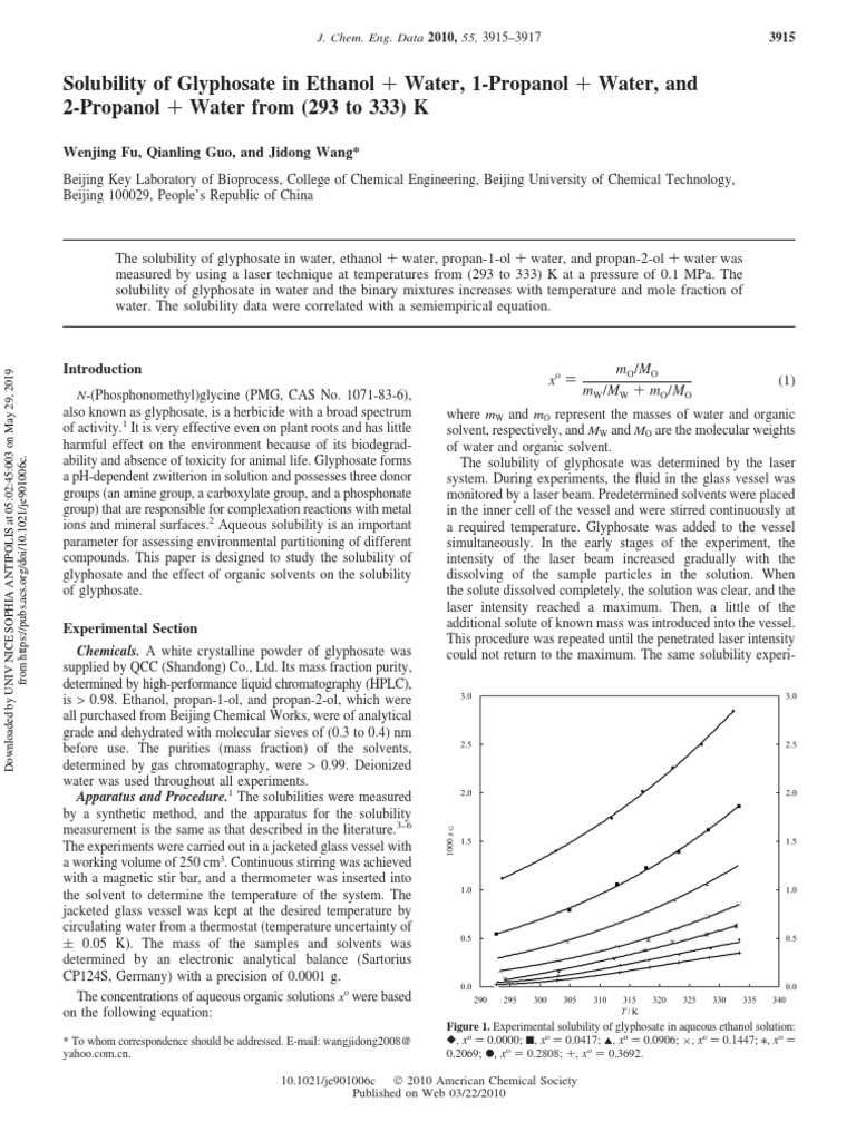 Solubility of Glyphosate in Ethanol + Water, 1-Propanol + Water, and 2 ...